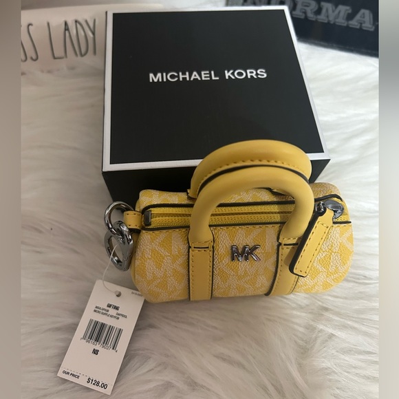 Michael Kors | Bags | Michael Kors Micro Duffle Key Fob Mk Logo Signature Yellow Nwt | Poshmark
